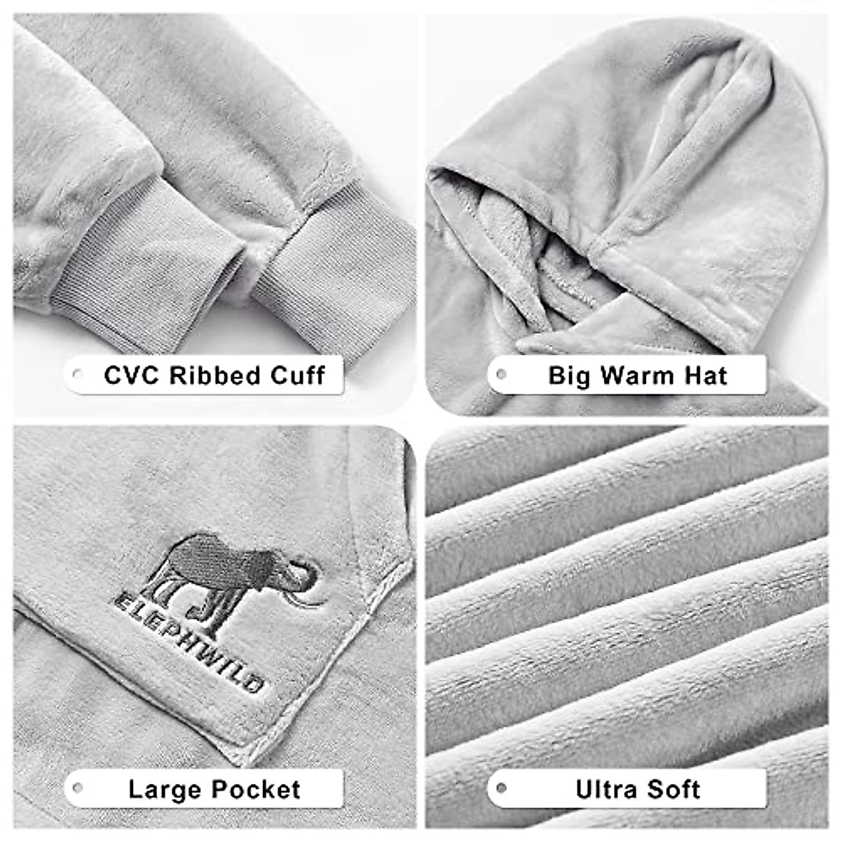 ELEPHWILD Thick Wearable Blanket Hoodie for Adults, Grey Super Cozy Warm Wearable Sweatshirt Blankets with Sleeves And Giant Pocket, One Size Fits All Women Men