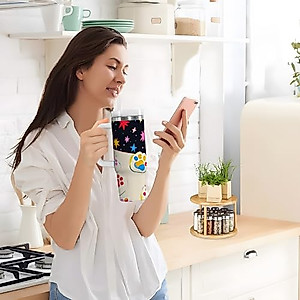 Nexawaveo Animal Paws Stars Stainless Steel Tumbler with Handle and Straw Fits in Standard Cup Holder Iced Coffee Cups for Smoothie Cocktail Beer Soda Fruit Juice