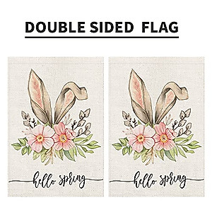 Hello Spring Bunny Floral Garden Flag 12×18 Inch Burlap Double Sided Outside, Seasonal Sign Yard Outdoor Decoration DF249