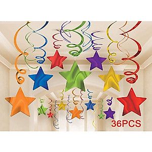 AimtoHome Rainbow Party Star Swirl Decorations, Rainbow Foil Ceiling Hanging Swirl Decorations with Star, Whirls Decorations for Party, Pack of 36