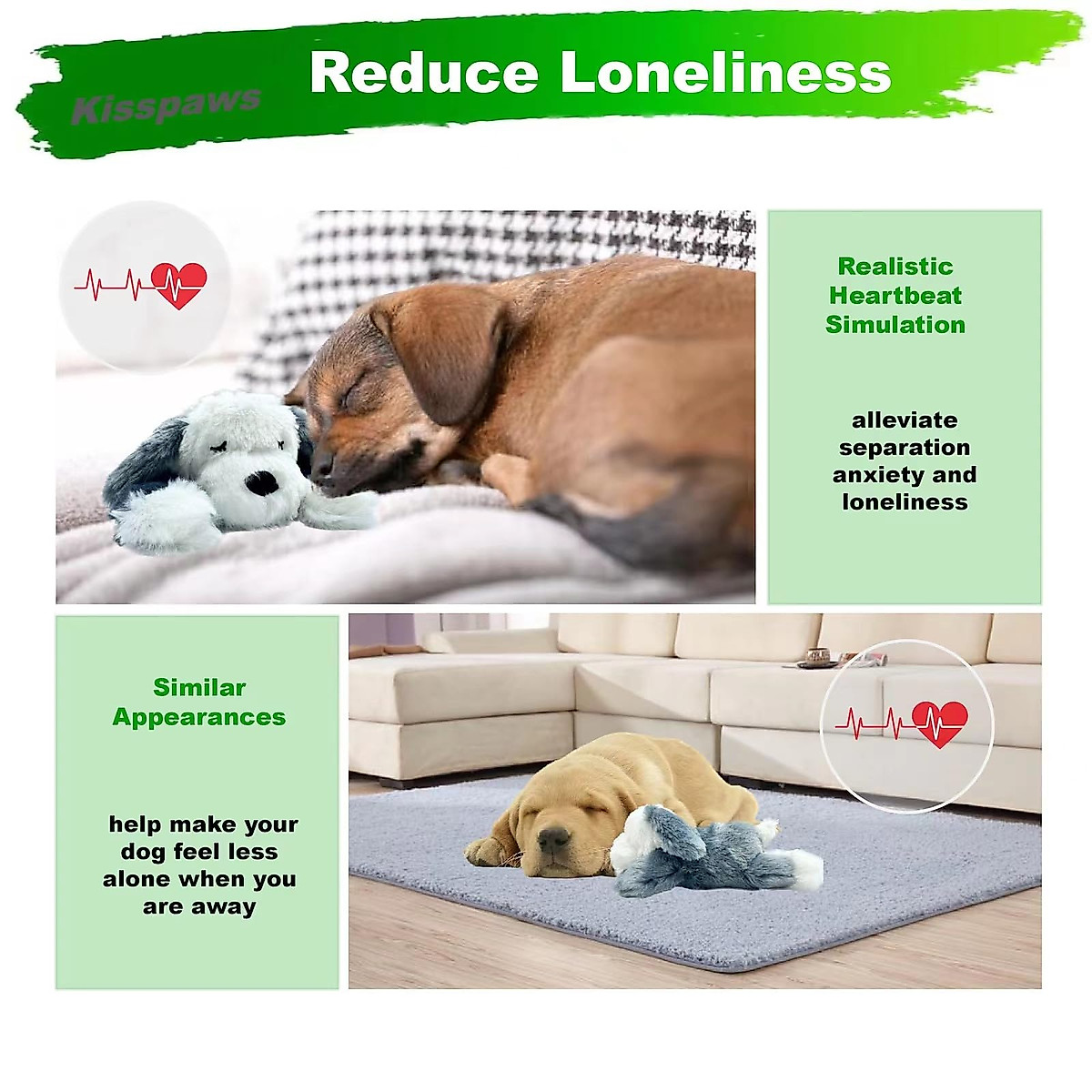 Kisspaws Heartbeat Plush Toy for Dogs Puppy Cats Pet Anxiety Relief and Calming Sleep Aid Pet Comfort Companion Toy