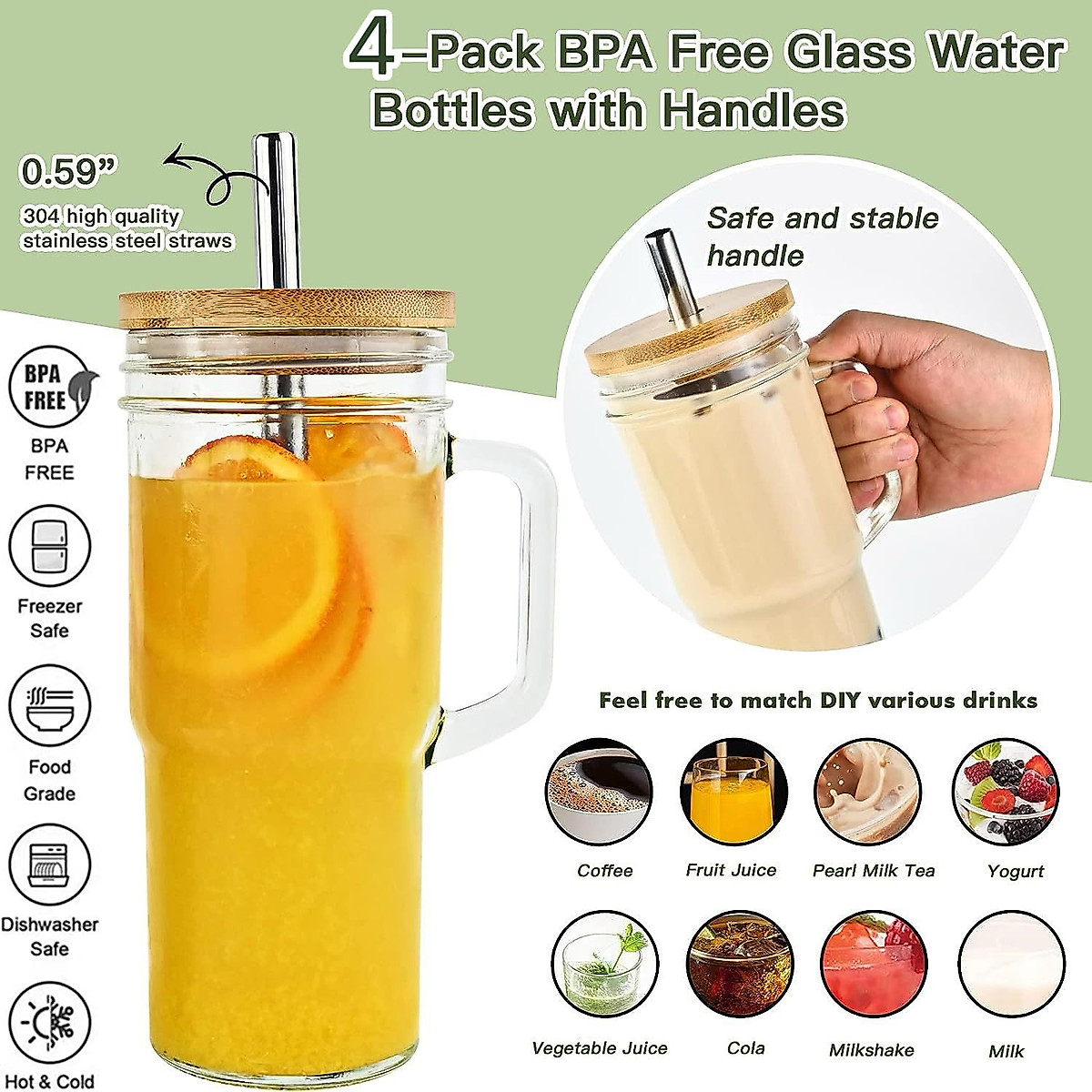 GAGAMOTEYA Clear Glass Tumbler with Straws and Lids,4 Pack 24oz Drinking Mason Jar Cups with Handle,Bamboo Lids and Stainless Steel Glass Straw,Silicone Cup Cover,for Iced Coffee,Smoothies,Beer,Juice