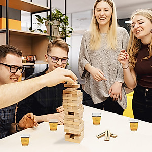 ArtCreativity Tumbling Tower Drinking Game, Drinking Game with 4 Glasses and 60 Wooden Blocks with Challenges, Fun House Party Games for Game Night, Great Gift Idea
