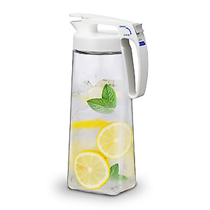 Lustroware QuickServe Airtight Pitcher - 2.1L (70oz), Heat Resistant, BPA-Free SAN Plastic, One Touch Open & Close, Space-Saving, Made in Japan - White