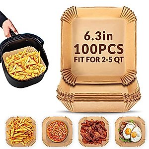 Suhsai Square Air Fryer Liners, 100 pcs reusable Parchment Paper Liners for Airfryer, Microwave Oven, 6.3-Inch baking sheet, Oil-Proof, greaseproof, Disposable Baking Paper, airfryer paper liners