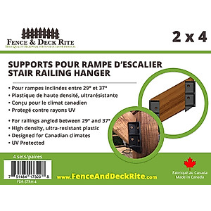 Fence & Deck Rite stair railing hangers, fits standard 2X 4 railings (actual 1 ½” x 3 ½”) Reinforced black polypropylene. 4 sets (8 pcs)