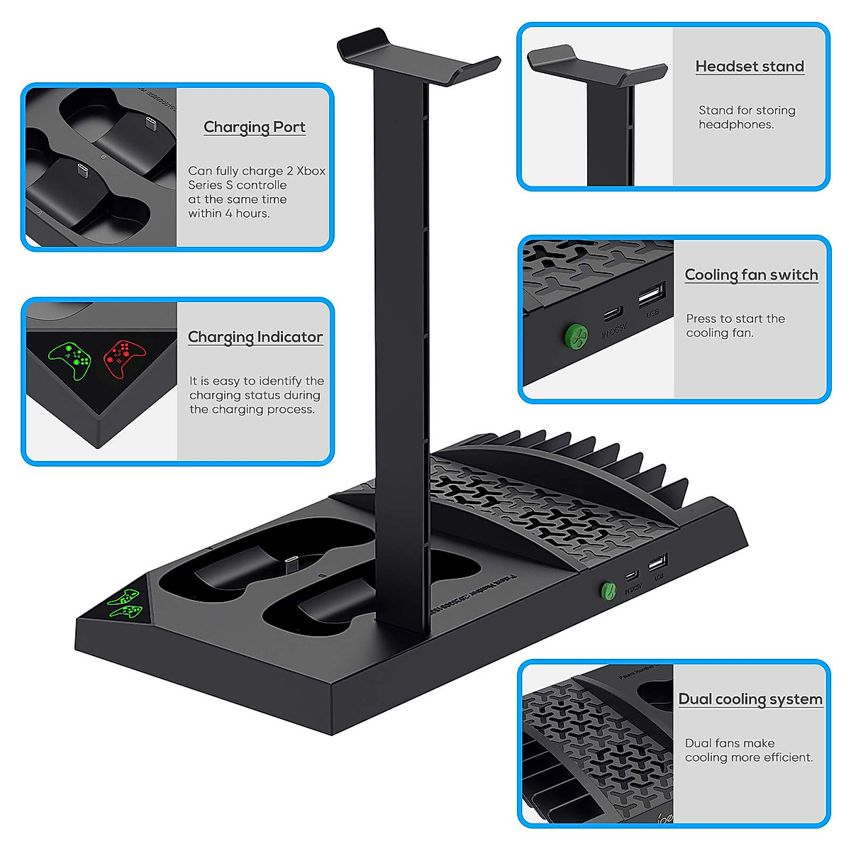 Vertical Stand with Cooling Fan Compatible with Xbox Series S with 1400mAh Rechargeable Battery Pack, YUANHOT Charging Station Dock with Controller Charger Ports, Cooler System