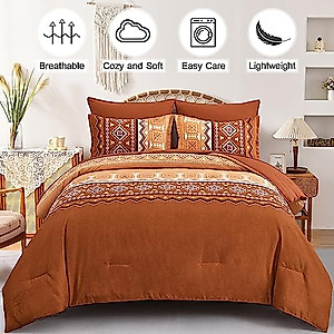 Dobuyly Burnt Orange Comforter Set King, 7 Pieces Bed in a Bag Terracotta Boho Aztec Comforter Soft Microfiber Bedding Set with Comforter, Flat Sheet, Fitted Sheet, 2 Pillow Shams, 2 Pillowcases