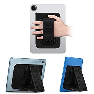 FINTIE Universal Tablet Hand Strap Holder - [Dual Stand Supports] Detachable Padded Hook & Loop Fastening Handle Grip with Adhesive Patch for iPad/Galaxy Tab and All 7-11" Tablets, Black
