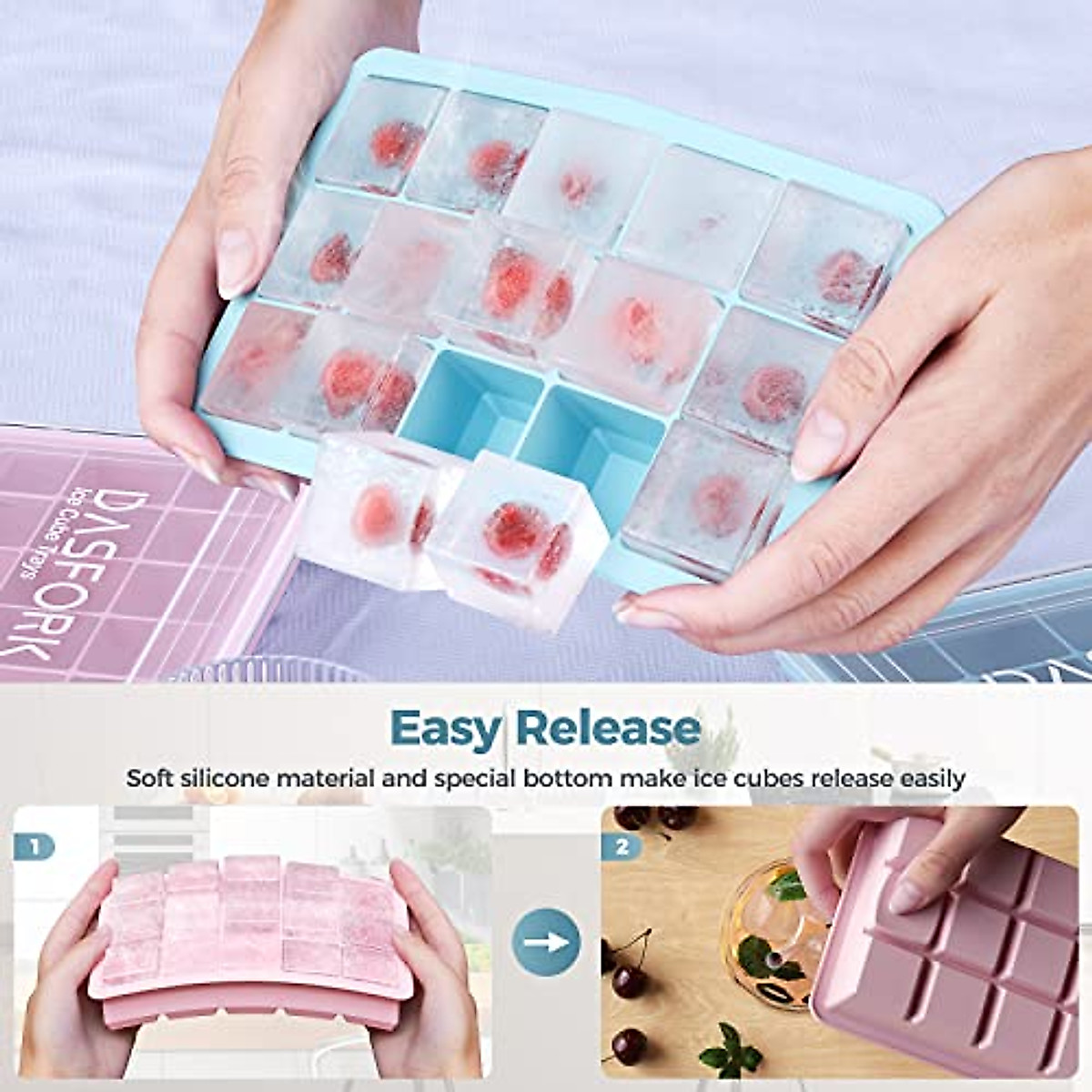 dasfork Ice Cube Trays 4 Pack, Food-grade Silicone Ice Cube Molds with Lid, Flexible Easy Release Silicone Trays for Freezer and Oven, BPA Free
