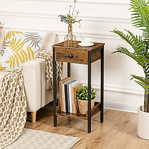 HOOBRO Tall End Table, Nightstand, Side Table with Drawer and Storage Shelf, Industrial End Telephone Table, for Study, Bedroom, Space Saving, Rustic Brown and Black BF71BZ01