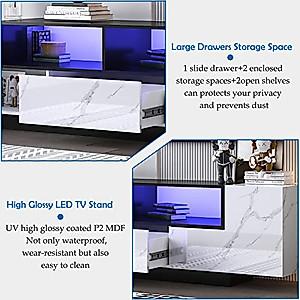 Vinctik 6&Fox 70inch LED TV Stand for 80/75 inch TV,Modern TV Stand for Living Room,TV Console,High Gloss Entertainment Center with Large Storage Drawer,APP LED Light(Marbling)