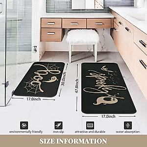 2 Pcs Halloween Kitchen Rugs Mat, Personalized Ghost Bat Horror Black Area Rug Set of 2 Washable, Non-Slip Absorbent Cartoon Boo Spooky Kitchen Mats Cushioned Anti Fatigue, 17'' x 47'' + 17'' x 30''