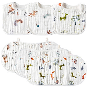 Zainpe 6Pcs Snap Cotton Muslin Baby Burp Cloths & Bibs Set Owl Fox Deer Soft Absorbent Drooling Bibs Adjustable Face Towels for Unisex Infant Newborn Toddler Boys Girls Feeding Teething Eating