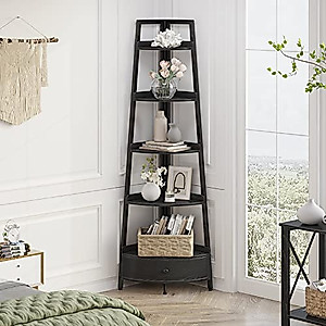 Seventable Corner Shelf with Drawer, 5-Tier Corner Bookshelf, Freestanding Corner Shelf Unit, Black Corner Bookcase, Corner Plant Stand for Living Room, Kitchen, Home Office
