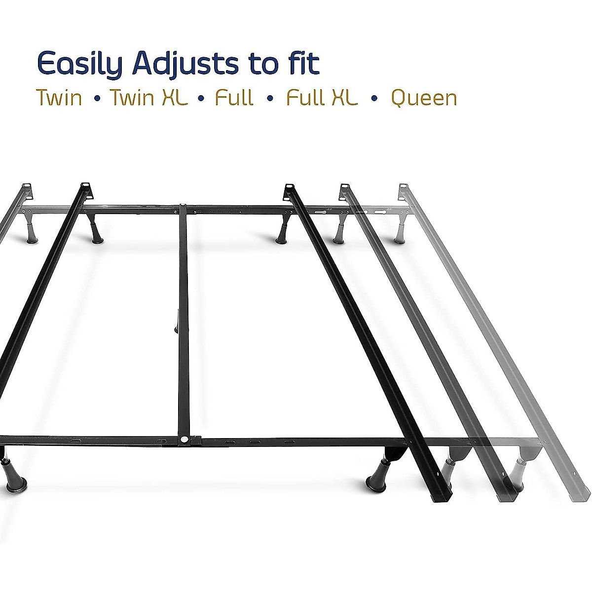 Hearth & Harbor Adjustable Bed Rails - Metal Adjustable Bed Frame with Bed Center Support Leg - 5.25” H Low Bed Frame - Expands from Twin Size Bed Frame to Full Bed Frame, Metal Queen Bed Frame, Black