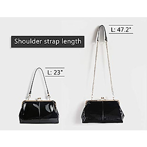 Vintage Kiss Lock Handbags Shiny Patent Leather Evening Shoulder Tote Bags with Chain Strap (Black)
