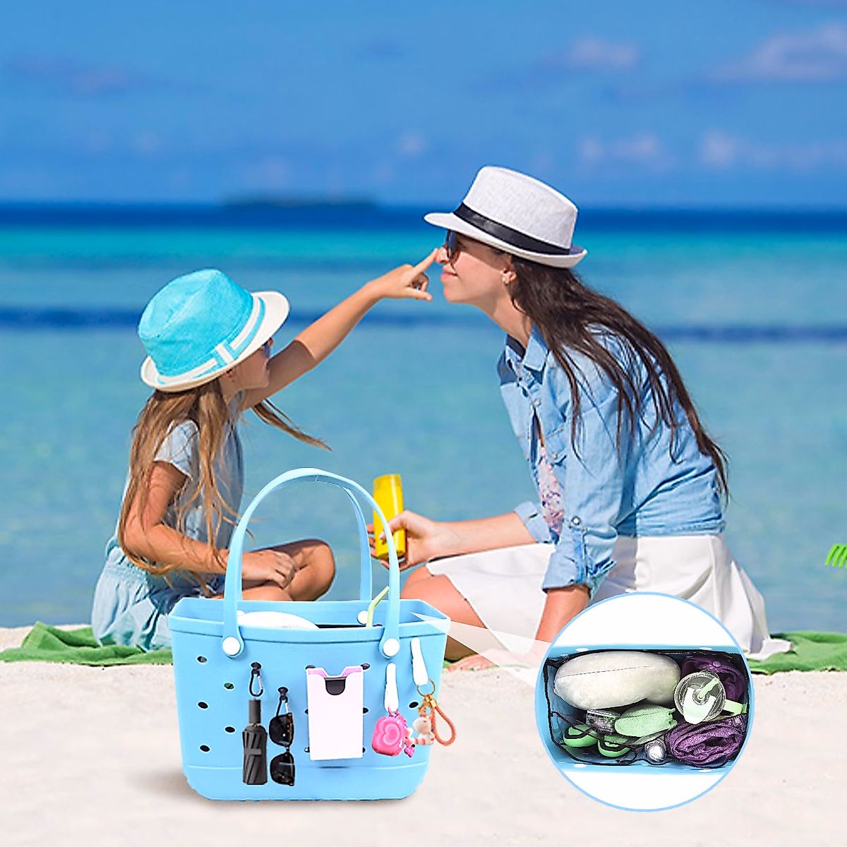 6Pcs Clear Beach Bag Organizer Accessories 17.7X10.5X8in for Bogg Bag X Large Storage Bag, with Insert Phone Holder and Hooks key Holder for Bogg Bag Organizing Your Bag and Divide Spac