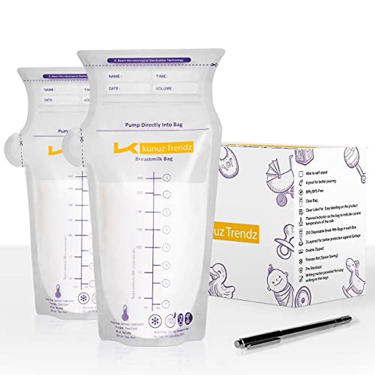 Kunuz Trendz Breastmilk Storage Bags - 250-Count, 8oz/240ml, Pre-Sterilized Breast Milk Pouches with Temperature Sensor, Dual Zip-Locking Seal,Capacity Markings - Nursing & Breastfeeding (250 Count)