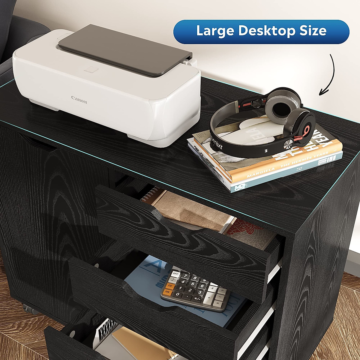 DEVAISE 5-Drawer Wood Dresser Chest with Door, Mobile Storage Cabinet, Printer Stand for Home Office, Black