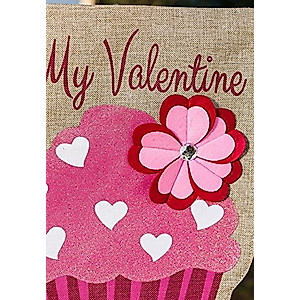 Happy Valentine's Day Garden Flag - Be My Valentine Burlap Flag – One Sided Yard Décor Decoration - Glitter Cupcake & Flower Applique Design - 12" x 17" size - by Jolly Jon