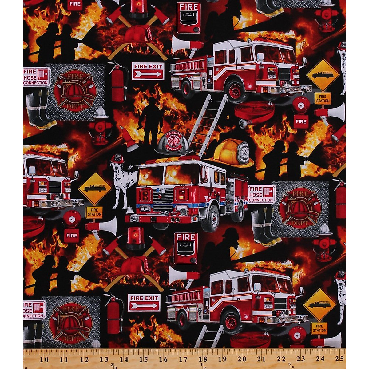 Cotton Firefighters Firemen Fire Engines Trucks Dalmatians Dogs Fire Department Emblem Equipment Flames Heroes Rescue Cotton Fabric Print by The Yard (FIRE-C5501)