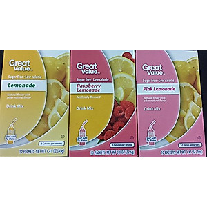 Great Value Drink Mix Variety Bundle, 0.8 oz box with 10 Drink Packets (Pack of 3) includes 1-Box Raspberry Lemonade + 1-Box Pink Lemonade + 1-Box Lemonade