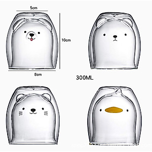 æ— 4 Pack Cute Animals Mugs, Double Wall Insulated Glass Espresso Cup, Tea Cup Milk Cup Coffee Couple Glass Mugs Funny Valentines Day Creative Romantic Birthday Gifts