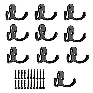 GDFYMI Coat Hooks Hardware, Double Hooks for Hanging Coats Wall Mounted Towel Hooks with Screws (Black,10 Pcs)