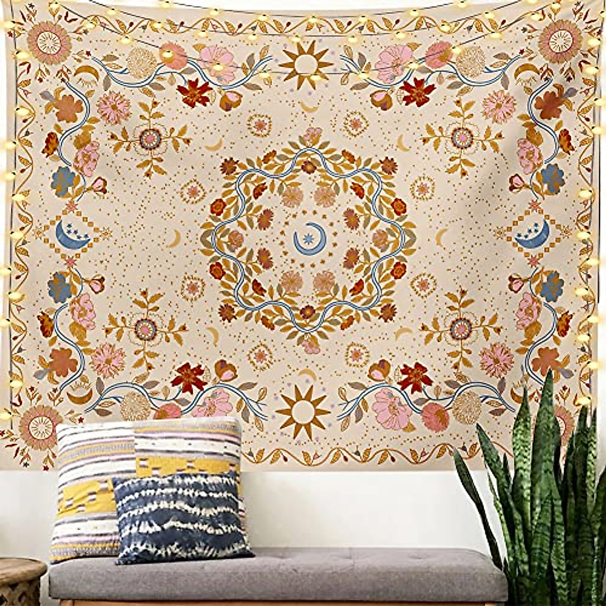 TTYQXZ Wall Tapestry Bohemian - Floral Vine Wall Hanging Celestial Sun Moon and Star Tapestries Hippie Home Decor Boho Tapestry for Bedroom Aesthetic (Cream, Medium (50ʺx 60ʺ))