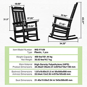 VEVOR Porch Rocker, HIPS Outdoor Rocking Chair, High Back Patio Rocking Chair with Smooth Armrests, Supports up to 400 lbs, for Garden, Balcony, Porch, Black