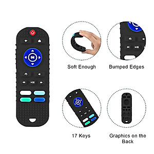 Silicone Baby Teething Toy Remote Control Shaped Baby Teether with a Cute Pacifier Clip Chain Soft Baby Chew Toys Early Sensory Education Molar Toy for Babies 3-18 Months (Black)