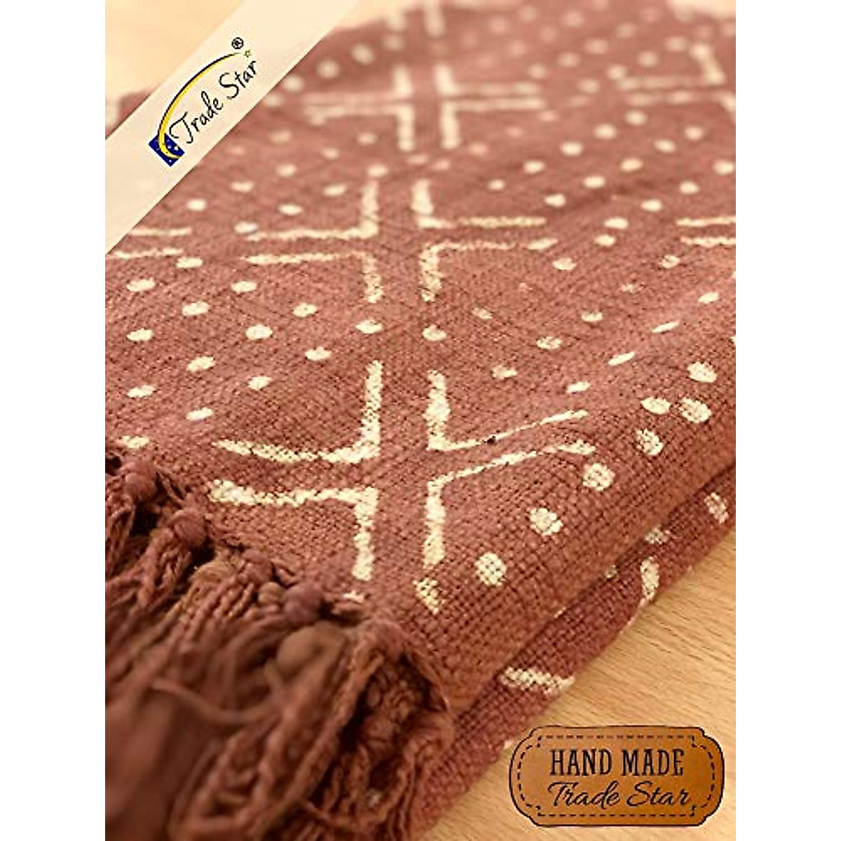 Trade Star 100% Cotton Soft Tassel Blanket Traditional Printed Beach Throws Handloom Picnic Blanket Throws for Home Handloomed Housewarming Gifts (Rust, Nova (120 x 170 Cms))