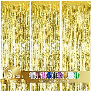 3Pcs Gold Metallic Tinsel Foil Fringe Curtains,3.28ft x 6.56ft Gold Photo Booth Backdrop Streamer,Photo Booth Props,for Party Door Wall Curtains Bachelorette Birthday, Christmas,New Year Decorations