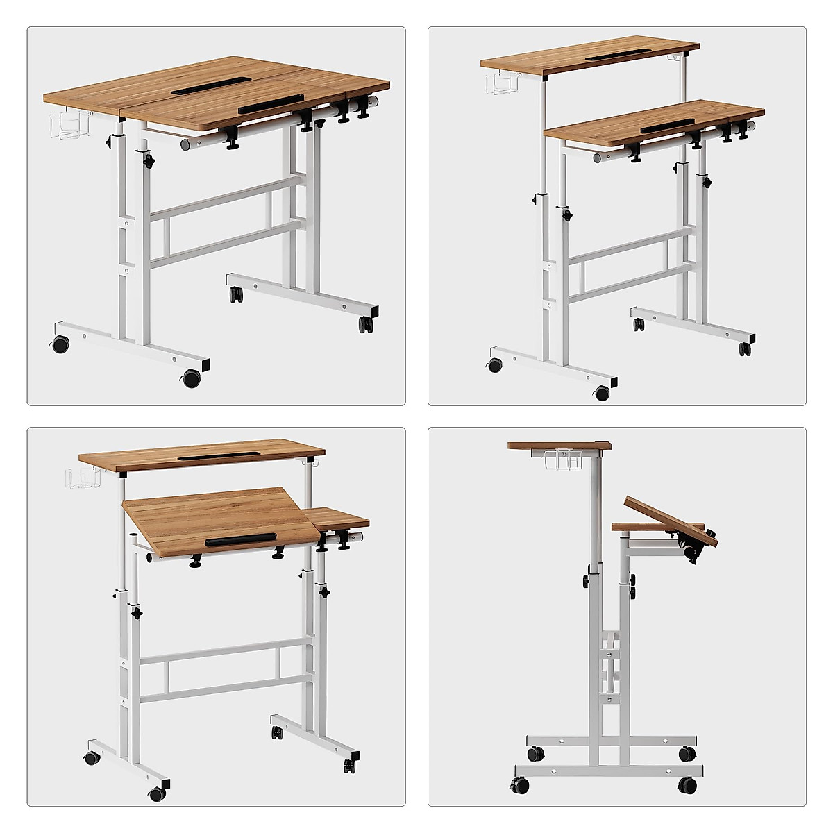 soges Rolling Standing Desk, Height Adjustable Home Office Desk, Mobile Sit-Stand Laptop Desk with Cup Holder and Hook, Portable Desk with Wheels, Oak