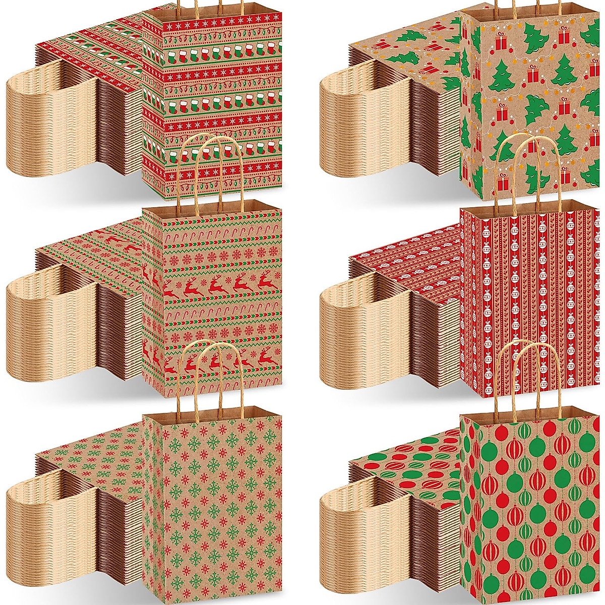 Fulmoon 120 Pieces Christmas Kraft Gift Bags Bulk Xmas Assorted Paper Gift Bags with Handle Holiday Christmas Gift Bags for Christmas Presents Xmas Party Favor Supplies Decor