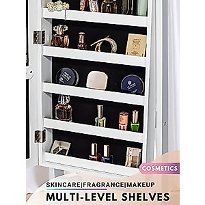 YOKUKINA Jewelry Cabinet Free Standing Large Storage Lockable Armoire, Full Length Dressing Mirror Organizer(White)