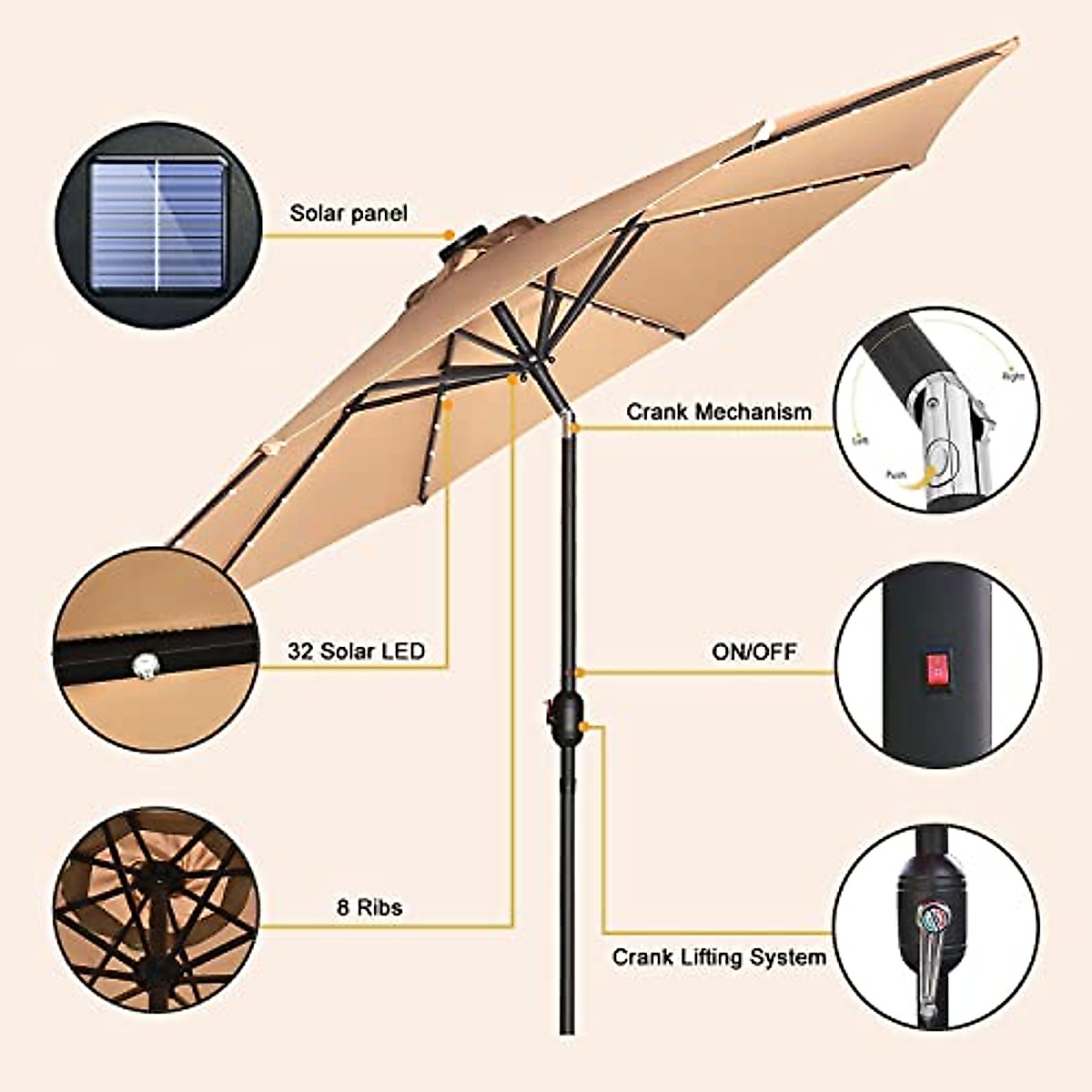 JMEXSUSS 9ft Patio Umbrella with Solar Lights, 32 LED Lighted Umbrella Outdoor Patio Table Umbrella, 8 Ribs Market Umbrella w/Tilt Adjustment and UV-Resistant Fabric, Khaki