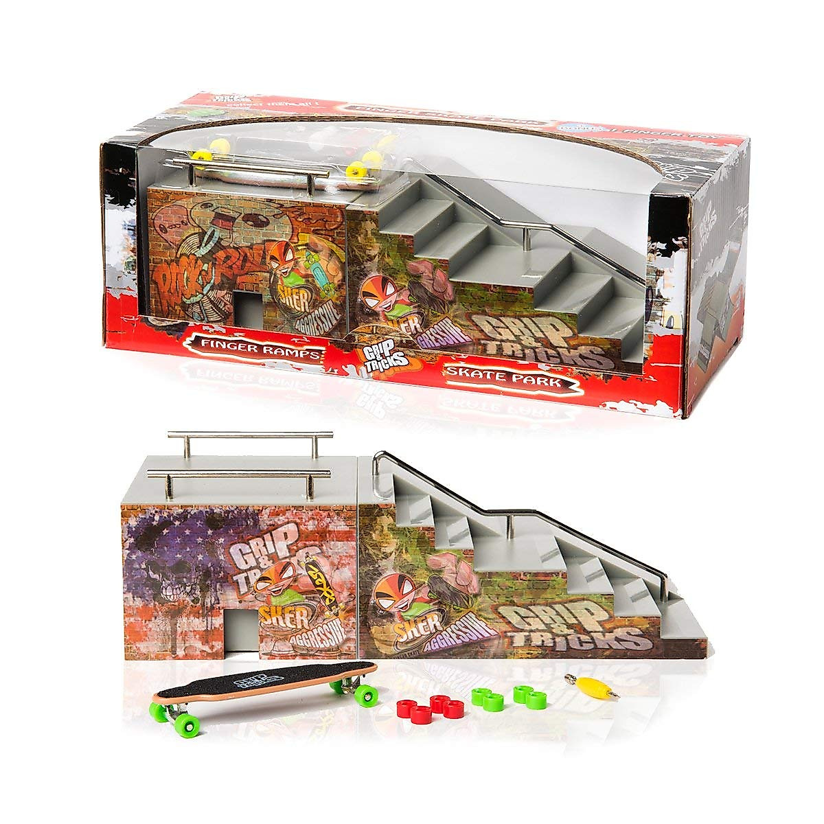 Grip and Tricks - Funbox Fingerboard Park (Stairs Fingerboard Rails) with 1 Finger Skate 8 Extra Mini Fingerboards Wheels and 1 Mini Skateboard Tool - Finger Toy Set 11”x4.5”x4” for 6+ Years Old Kid