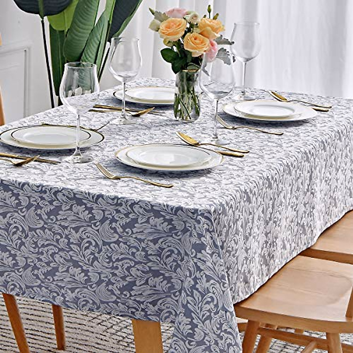 maxmill Jacquard Table Cloth Damask Pattern Spillproof Wrinkle Resistant Oil Proof Heavy Weight Soft Tablecloth for Kitchen Dinning Tabletop Outdoor Picnic Rectangle 52 x 70 Inch Stone Blue