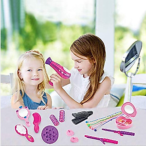 MEGAFUN Little Girls Beauty Hair Salon Toy Kit with Toy Hairdryer, Mirror & Other Accessories, Fashion Pretend Makeup Set for Kids