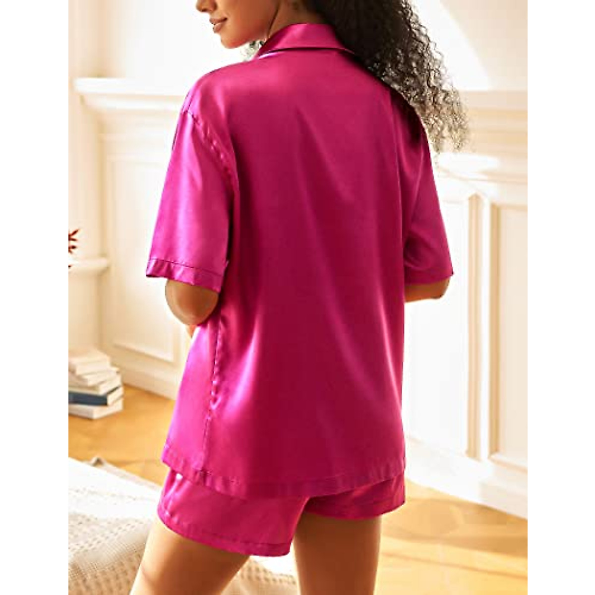 Ekouaer Short Pajama Set Womens Slipping Lounge Set Silk Nightwear Pjs Satin Short Sleeve Shirts & Shorts (Rose,L)