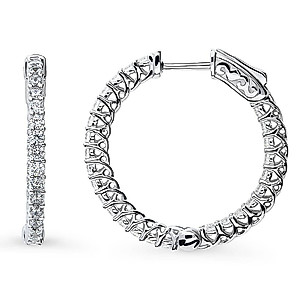 BERRICLE Sterling Silver Cubic Zirconia CZ Medium Fashion Inside-Out Hoop Earrings for Women, Rhodium Plated 1"