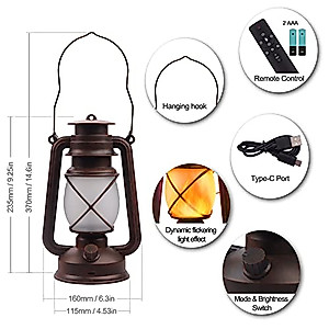 Vintage Lantern LED Battery Powered Camping Lamp Outdoor Hanging Lantern Flickering Flame Rechargeable Retro Lanterns Remote Control 4 Modes Light Non-Solar 2 Pack
