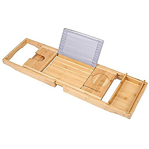 BOSSJOY Luxury Wood Bamboo Bathtub Bath Tub Caddy Tray with Extending Sides Built in Book Tablet Phone Wineglass Holder