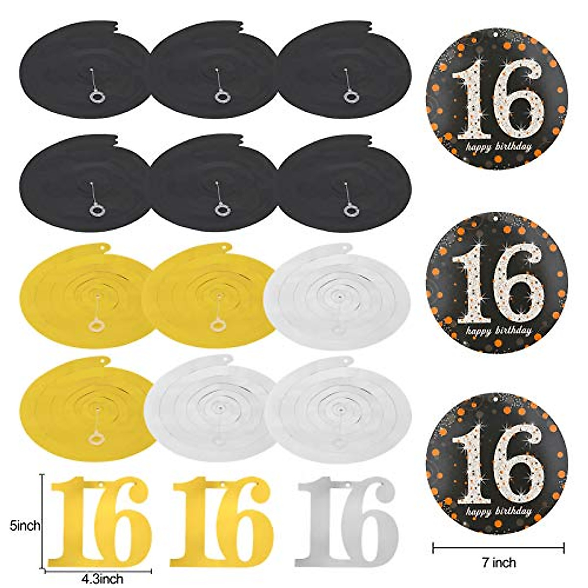 Luxiocio Happy 16th Birthday Party Supplies Decorations Kit - Including Happy 16th Birthday Banner, 12Pcs Hanging Swirl, 6Pcs Poms - Sixteen Birthday Decorations for Boys & Girls