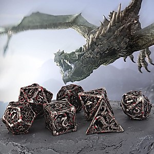 DND Dice,Hollow D&D Metal Dice,Dungeons and Dragons Dice Set with Gift Box,7 PCs Steampunk Polyhedral Dice Games Set for RPG,MTG,Pathfinder,(Dragon Blood Spattered)