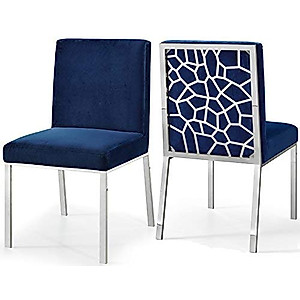 Meridian Furniture Opal Collection Modern | Contemporary Velvet Upholstered Dining Chair with Sturdy Metal Legs and Metallic Geometric Design, Set of 2, Navy, 20" W x 24" D x 39.5" H
