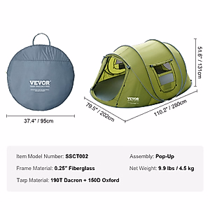 VEVOR Camping Tent, 9.2 x 6.6 x 4.3 ft Pop Up Tent for 4 Person, Easy Setup Waterproof Backpacking Tent, with Door and Window, for Outdoor Family Camping, Hiking, Hunting, Mountaineering Travel