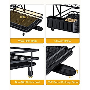Uamector Large Dish Drying Rack, 2 Tier Stainless Steel Dish Racks with Drainage and Utensil Holder, Drying Rack Kitchen with Drainboard Set, Foldable Dish Drainers for Kitchen Counter Black